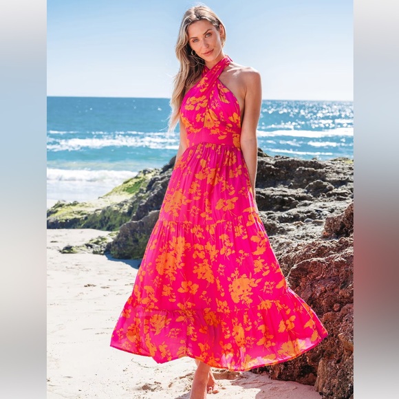 Cupshe | Dresses | Cupshe Pink Orange Floral Crossover Halter Maxi ...